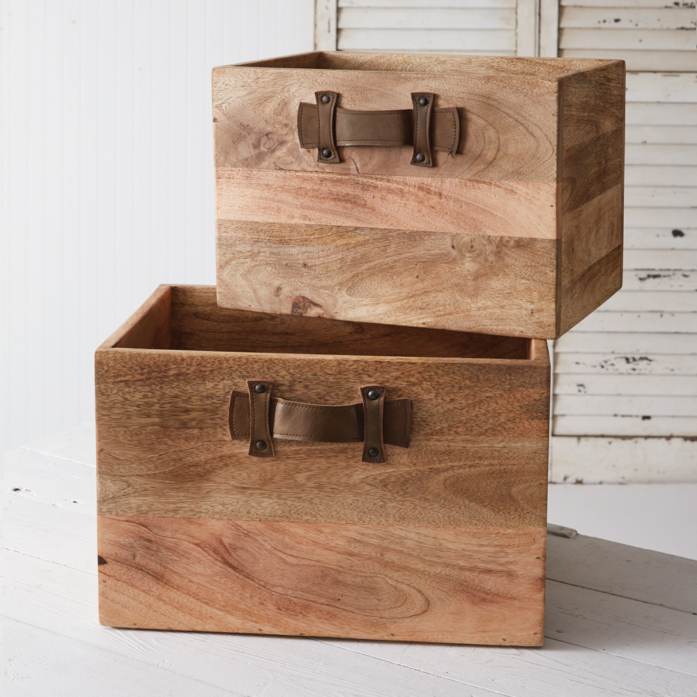 Set of Two Leather Handled Wood Boxes | CTW Home Collection