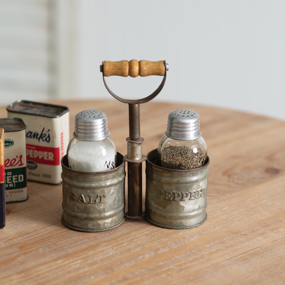 Galvanized Salt and Pepper Caddy with Wood Handle | CTW Home Collection